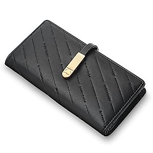 CornerLife Womens Slim Wallet Bifold with Letter Print Credit Card Holder with Zipper Pocket PU Leather Wallets for Women with Snap Closure (Black)
