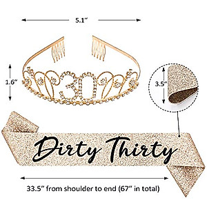 "Dirty Thirty" Sash and Rhinestone Crown Set - 30th Birthday Party Gifts Birthday Sash for Women Birthday Party Supplies