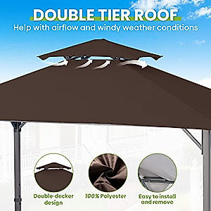 Grill Gazebo Replacement Canopy Top Roof, EasyLee 5x8 Canopy Top Cover, Double Tiered BBQ Gazebo Cover, Fits for Gazebo Models L-GG001PST and L-GZ238PST(Brown)