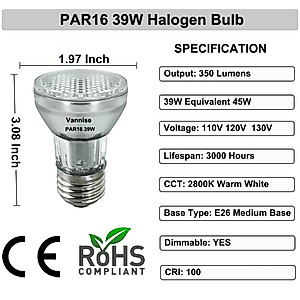 Vannise Halogen Light Bulbs E26 PAR16 - High Output 350LM PAR16 Bulb 39W, Equivalent 45W, 6PCS Long Lasting PAR16 Flood Bulb Dimmable with 2800K Warm White, PAR16 Halogen Bulb 39w for Ceiling Lights