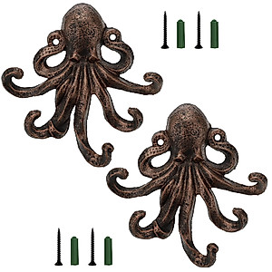 Sumnacon Cast Iron Coat Hook 2Pcs Octopus Hook Decorative Towel Hook Holder with Screws Octopus Key Holder Wall Nautical Wall Hook for Enterway Bathroom Red Bronze