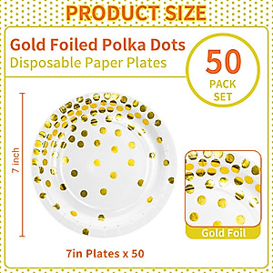 DYLIVeS White and Gold Paper Plates, 7 inch Metallic Foil Polka Dots Disposable Dessert Party Plates Cocktail Party Supplies Plates for Birthday, Bridal Shower, Easter, Graduation Party, 50 Pack