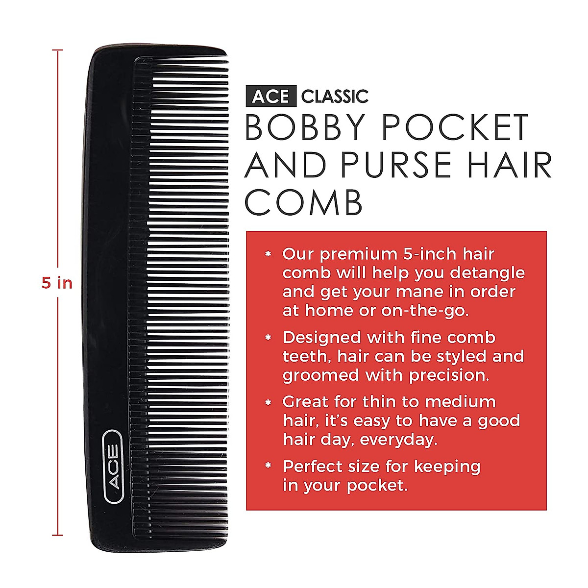 GOODY Ace Classic Bobby Pocket and Purse Hair Comb - 5 Inch, Black - Great for All Hair Types - Fine Comb Teeth for Thin to Medium Hair