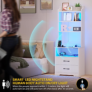 Vlsrka Tall Nightstand with Charging Station, 54" Smart Nightstand with LED Lights, Modern Night Stand with Bookshelf, Bedside Tables with Storage Cabinet for Bedroom, White