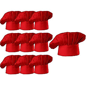Hyzrz Chef Hat Set of 10 PCS Pack Adult Adjustable Elastic Baker Kitchen Cooking Chef Cap, Red