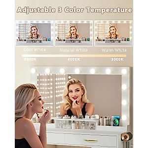 HUAHUU Makeup Vanity Desk with Lights, Vanity Desk with Large Mirror, White Vanity with Outlets Large Drawers & Storage, 3 Lighting Color Adjustable, Bedroom Dressing Table