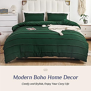 Argstar 3 Pieces Pleated Duvet Cover Queen Set, Forest Green Boho Textured Duvet Cover, 100% Washed Microfiber Soft Striped Comforter Cover With Zipper & Ties (1 Dark Green Duvet Cover, 2 Pillowcases)