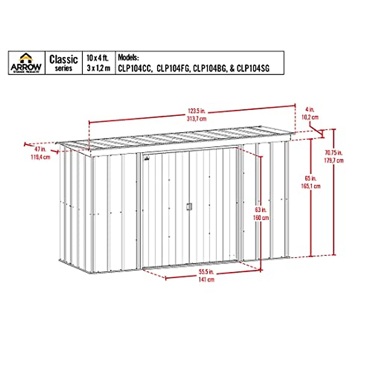 Arrow Classic Steel Storage Shed, 10x4, Flute Grey