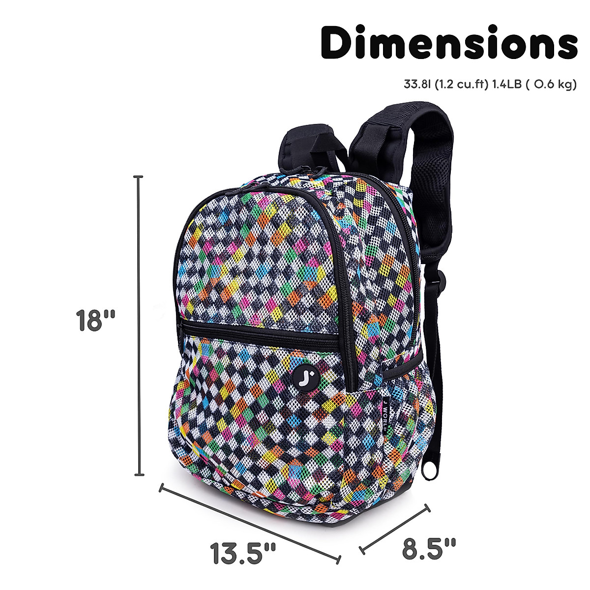 J World New York Mesh Backpack for Adults. Transparent See-Through Book-Bag for School, Beach, Swim, Gym, Checkers, 18 X 13.5 X 8.5 (H X W X D)