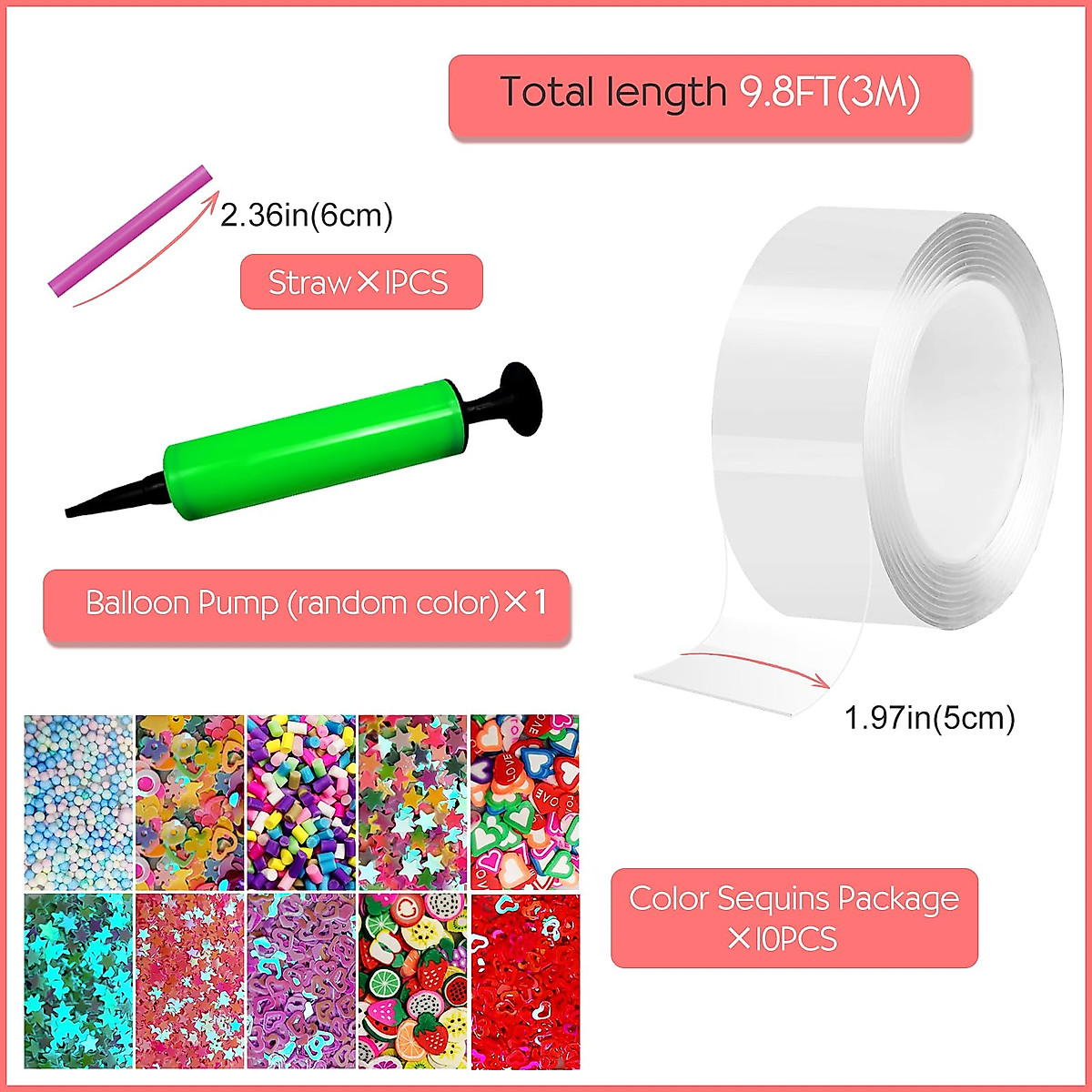 Reengull Nano Tape Bubble Kit - 9.8ft x 1.97” Nano Tape Kit with Balloon Pump and Color Sequin Bags, Clear Nano Tape Bubbles Super Elastic Nano Tape Squishy Kit for Kids Girls DIY (9.8 FT x 1.97 in)
