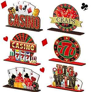 Juexica 6 Pcs Casino Party Decoration Casino Table Signs Casino Night Table Centerpieces Wooden Las Vegas Themed Party Decorations Poker Decor for Housewarming Casino Bar Birthday Party Supplies