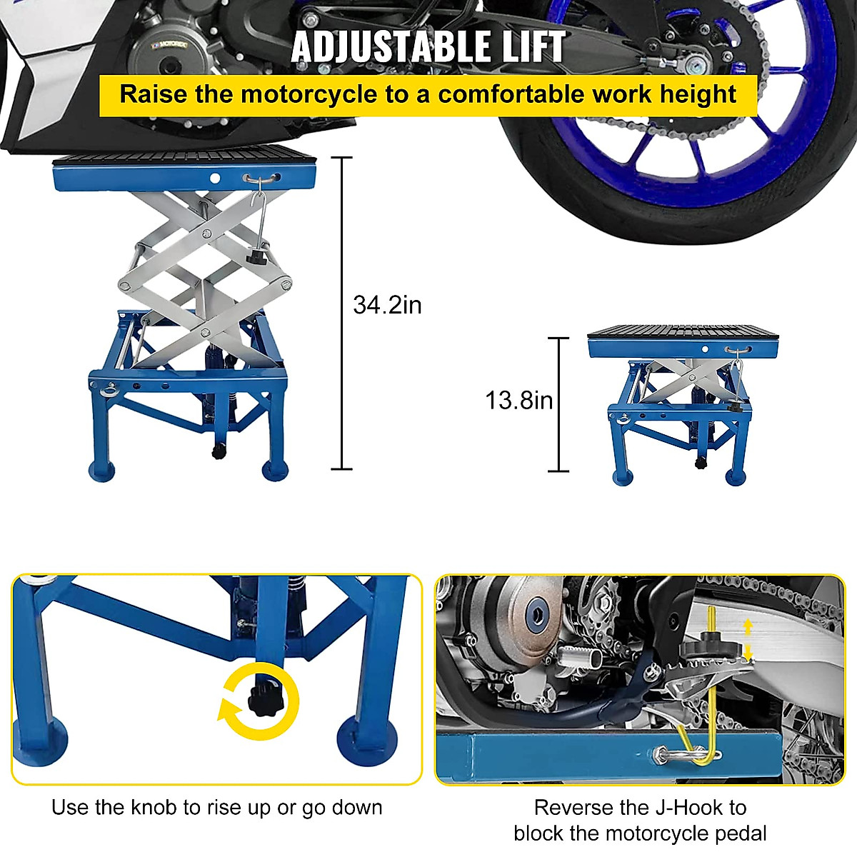 VEVOR Hydraulic Motorcycle Lift Table, 300LBS Hydraulic Motorcycle Scissor Jack, Portable Lift Table, Adjustable Motorcycle Lift Jack, Blue Motorcycle Lift Stand