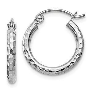 Small 14k White Gold Diamond Cut Hoop Earrings, (2mm Tube) (.6 inch - 15mm)