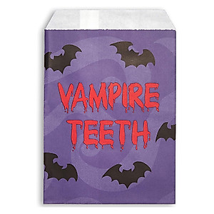 BLUE PANDA 100 Pack Halloween Paper Bags, Small Paper Halloween Treat Bags, Bulk Goody Bags for Candy, and Favors, 4 Designs, Vampire Teeth, Witch Broomsticks, Bag of Bones, Spider Eggs (8 x 5 In)