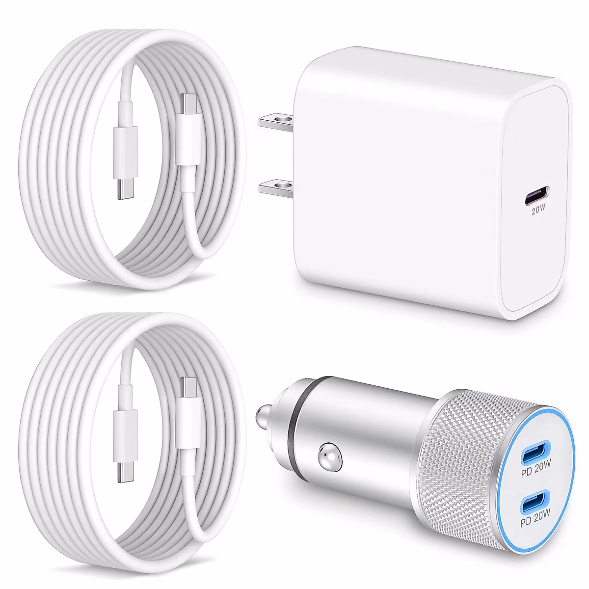 iPhone 15/15 Pro Max Car Charger, 40W Dual USB C Fast Car Adapter Power Cigarette Lighter Charger + 2 x 6FT USB-C to C Cable + 20W USB C Charger Block for iPhone 15/15 Plus/15 Pro Max, iPad, Pixel 8/7