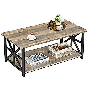 GreenForest Coffee Table for Living Room with Round Corners Farmhouse Style Center Table with Storage Shelf 40 Inch Space Saving Easy Assembly Gray Wash