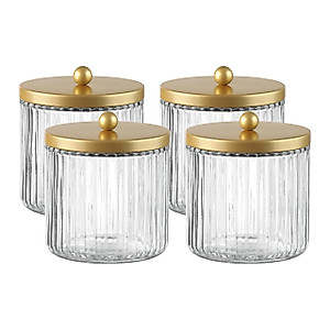 KMwares Glass Qtip Holder Dispenser Set for Cotton Ball, Swab, Round Pads, Floss Picks - Bathroom Canister Storage Organization and Vanity Makeup Organizer (4, Golden)