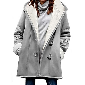 HEEKPEK Women Hoodies Fleece Jackets Soft Fuzzy Long Hoodie Sweatshirt Casual Sherpa Hoodies Horn Button Coats Winter Light Gray