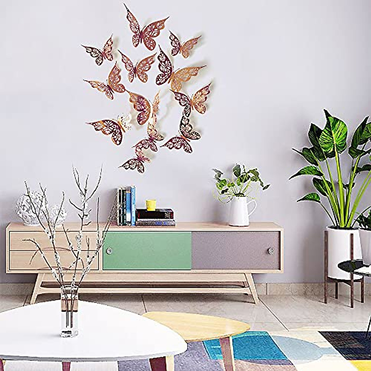 48 Pcs 3D Butterfly Wall Decals,maxin 3D Butterfly Wall Stickers Room Wall Decoration for Bathroom, Nursery Classroom,Baby Kids Bedroom, Living Room(Silver and Rose Gold)