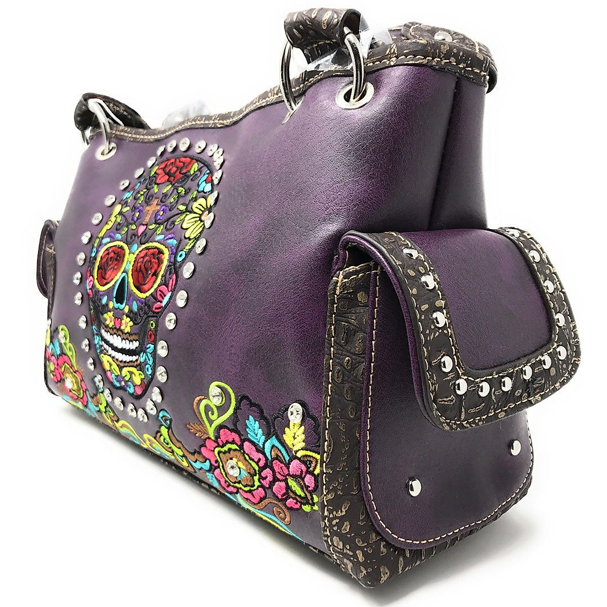 Texas West Women's Embroidered Sugar Skull Handbag Purse Wallet Set in Multi Color (Purple)