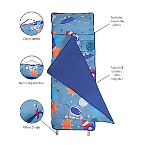 EVERYDAY KIDS Nap Mat w/Removable Pillow -Outer Space Adventures- Carry Handle with Straps Closure, Rollup Design, Soft Microfiber for Preschool, Daycare, Travel Sleeping Bag - Ages 3-6 Years