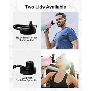 Trebo 64oz Water Bottle Insulated with Straw &2 Lids, Half Gallon Double Wall Vacuum Stainless Steel Metal Large Jug with Handle, Wide Mouth Coffee Flask Mug with Carry Pouch, Keep Cold Hot, Pink