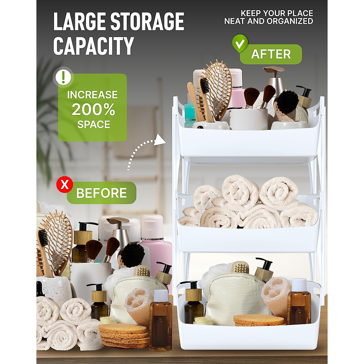 Skywin 3-Tier Plastic Stackable Storage Bins 11.4" x 11" x 19.7" with Brackets for Extra Protection - For Pantry Storage, Kitchen Storage, and Bathroom Storage (White)