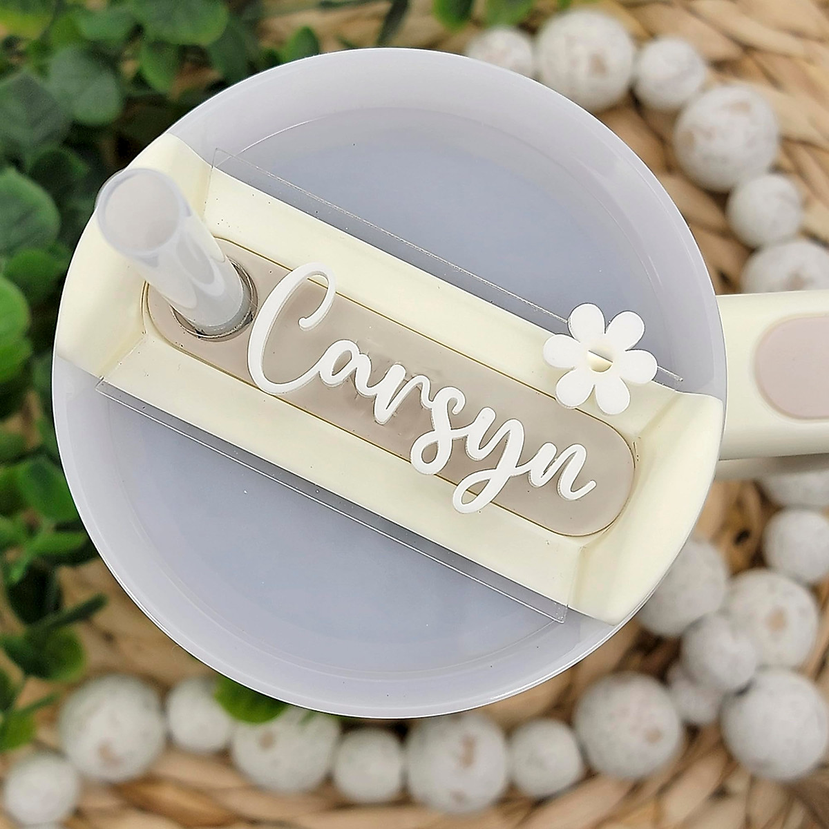 Personalized Stanl-y Tumbler Name Plates, Small Flower Raised Lettering Stanl-y Cup Name Plate for Lid, Custom Acrylic Stanl-y Name Tag for Quencher H2.0 14 20 30 40 Oz, Tumbler Lid Topper