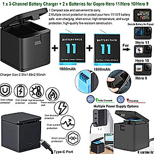 Gurmoir Accessories Kit with Battery and Charger for Gopro Hero 11 10 9 Black. Waterproof Housing Case+Selfie Stick+Tripod+2 Battery+3-Channel Charger Station Compatible with Go Pro 11 10 9(PT09)
