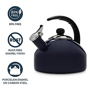 Farberware Omega Tea Kettle, Whistling Tea Pot, Works For All Stovetops, Porcelain Enamel on Carbon Steel, BPA-Free, Rust-Proof, Stay Cool Handle, 2.75 quart (11 cups) Capacity (Blue)
