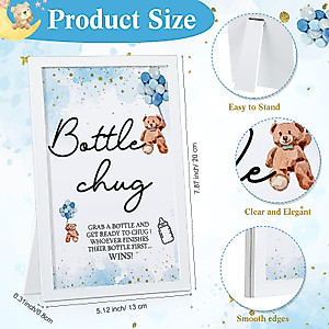 Roowest Bottle Chug Baby Shower Game Favors including Bear Theme Bottle Chug Game Wooden Sign and 18 Pcs Blue Baby Bottles for Baby Shower Game Gender Reveal Party Supplies