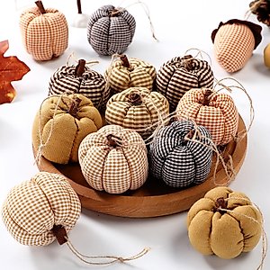 Hiboom 12 Pcs Farmhouse Fall Thanksgiving Decor Plaid Fabric Acorns Pumpkin Hanging Ornaments Autumn Tray Table Decor Thanksgiving Tree Decoration (Pumpkin)