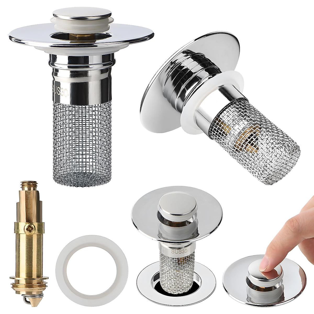 Anytin 2pcs Bathroom Sink Drain Strainer Pop Up Sink Drain Stopper with Removable Stainless Steel Filter Basket, for US Universal Bathroom Kitchen Basin Sink Stopper Bathroom Sink Stopper