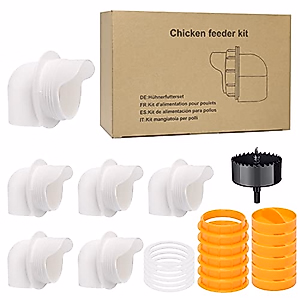 RTOSY DIY Chicken Feeder Port, 6 Pack No Waste Poultry Feeder Kit with Caps & Hole Saw, Rain Proof DIY Automatic Chicken Feeders for Buckets, Barrel, Bins (6 Ports & 1 Hole Saw)