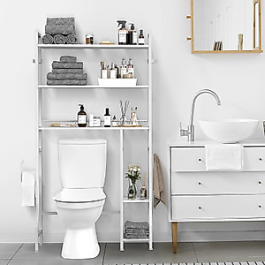 NOVIMANGO Over The Toilet Organizer White, Bathroom Space Saver Over Toilet, 5-Tier Bathroom Over Toilet Storage, Above Toilet Stand with 4 Hooks for Restroom, Laundry