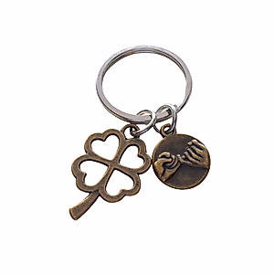 Bronze Four Leaf Clover Charm Keychain with Pinky Promise Charm for Couples or Best Friends, Anniversary Keychain