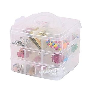 DJUNXYAN 3-Tier 18 Sections Transparent Stackable Adjustable Compartment Slot Plastic Craft Storage Box Organizer For Toy Desktop Jewelry Accessory Drawer Or Kitchen 4 Colors 3 Sizes (Medium White)