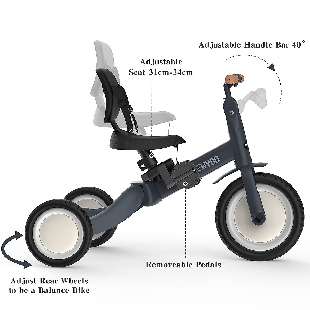 newyoo Toddler Bike, Toddler Tricycle for 1-3 Year Olds, 3 in 1 Balance Bike, Trike with Safety Belt & Backrest, Gift & Toys for Boys & Girls, TR001 (Dark Grey)