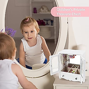 TIMLOG Jewelry Box with Makeup Mirror Wardrobe Style, Wooden Jewelry Box for Girls, Solid Jewelry Organizer, Wood Jewelry Case with Mirror for Necklaces, Earring, Rings, White