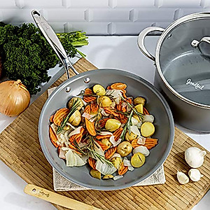 Goodful Ceramic Nonstick Pots and Pans Set, Titanium-Reinforced Premium Nonstick Coating, Dishwasher Safe Pots and Pans, Tempered Glass Steam Vented Lids, Stainless Steel Handles, 12-Piece, Gray