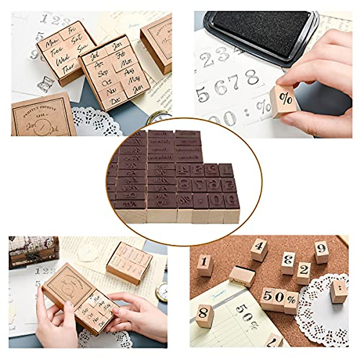 Vintage Wooden Rubber Stamps, Dedoot 52 pcs Date Stamps Vintage Wooden Month Week and Number Stamps for Card Making Painting Teaching