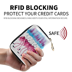 MOYYO RFID Credit Card Holder Case Watercolor Flamingos Leather Printed Zipper Card Case Wallet for Women Girls