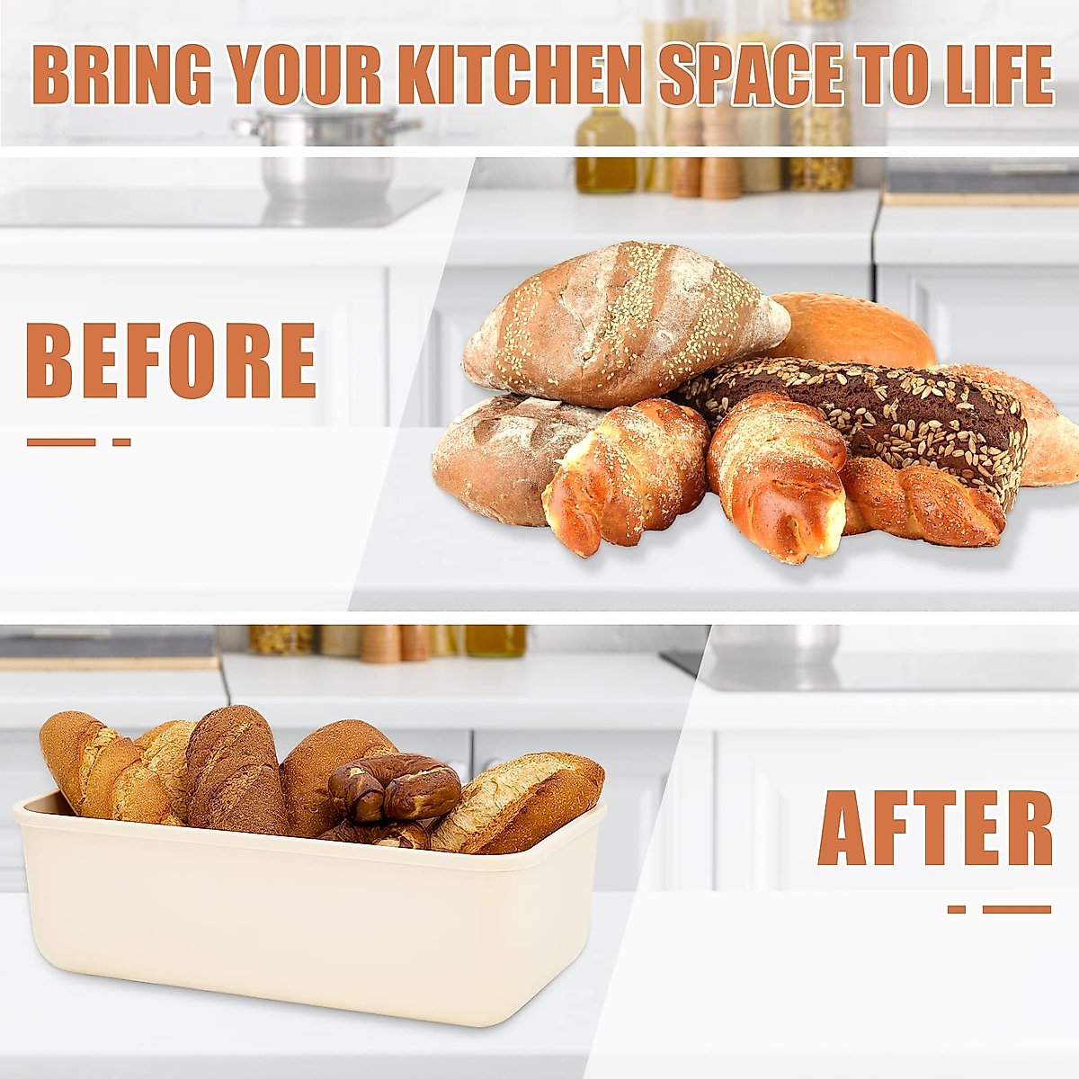 Triiter Bread Box With Bamboo Wood Cutting Board Lid & Bread Slicer Holder, Rectangular Cream Color Bread Container For Kitchen Countertop, 14.8 x 8.4 x 5.3in, Bread Storage Container