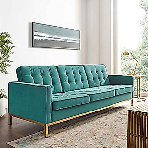 Modway Loft Tufted Button Performance Velvet Upholstered Sofa in Gold Teal