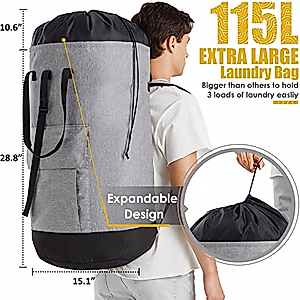 Laundry Bag for College, 115L Heavy Duty Laundry Backpack with Shoulder Straps, Large Dirty Clothes Bag for Dorm, Apartment and Laundromat, Laundry Duffle Bag for Travel, Beach, Camping, oyster grey