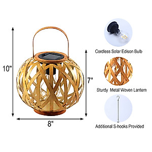 Solar Metal Woven Lanterns Outdoor - 10"*8" Waterproof Hanging Cordless Lantern with Edison Bulb Farmhouse Decor for Yard Patio Garden Home