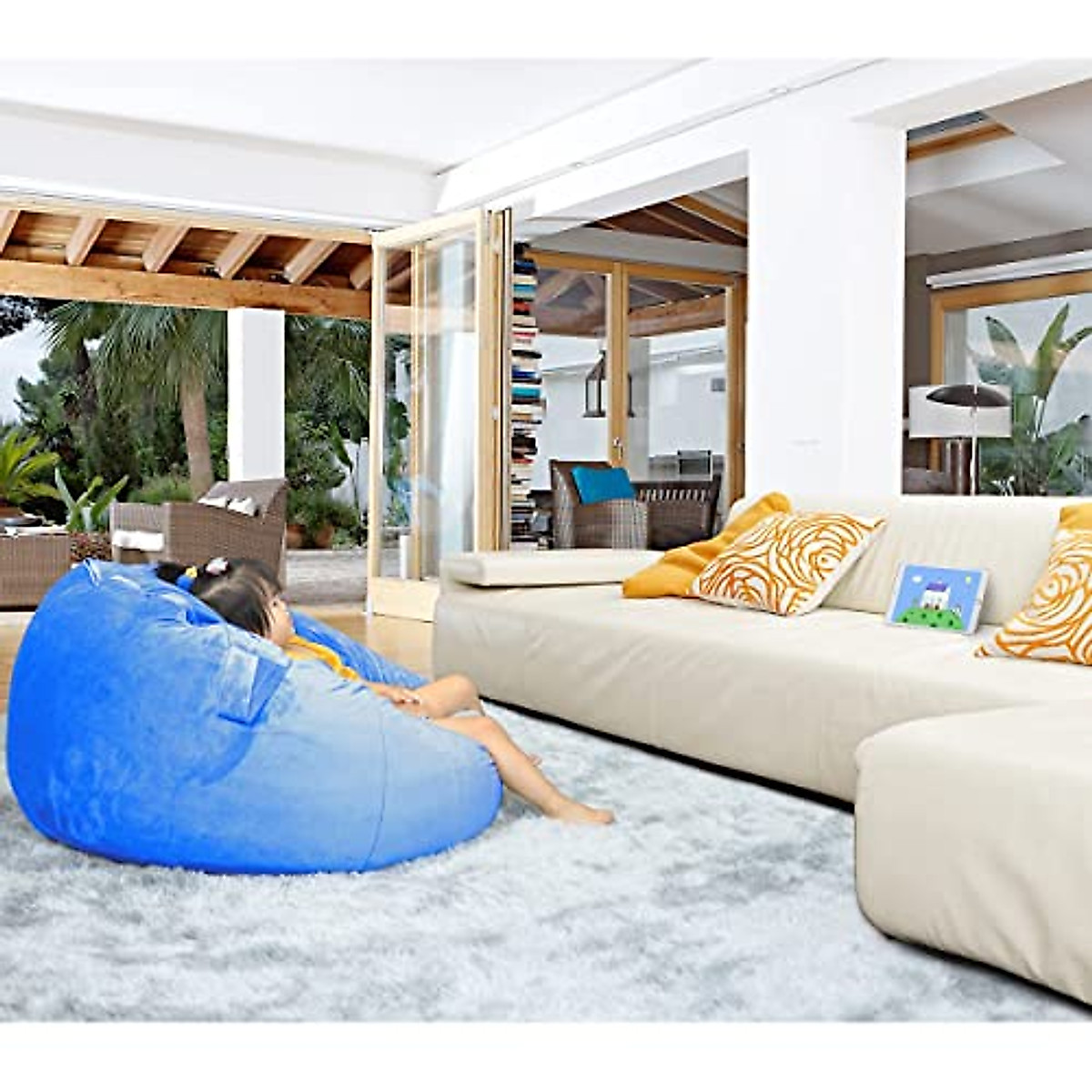 Bean Bag Chair Cover, Stuffed Animal Storage, Plush Toys Organizer Holder, Beanbag Chairs Cover for Kids Teans and Adults Super Soft and Comfortable Fabric X-Large with Handle and Zipper -Round Blue