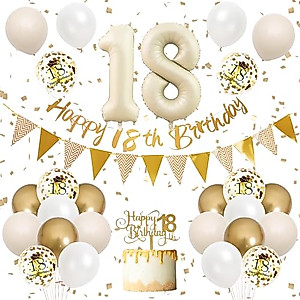 18th Birthday Decorations Sand White Gold,18th Birthday Balloons Beige Gold,Happy 18th Birthday Banner with Cake Toppers Number 18 Balloons for Girls Boys Birthday Party Decorations