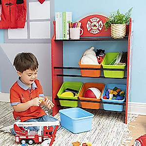 Fantasy Fields - Little Firefighters Wooden Toy Organizers with 6 Removable Storage Bins, Toy Storage Shelf, Red (TD-13211A)