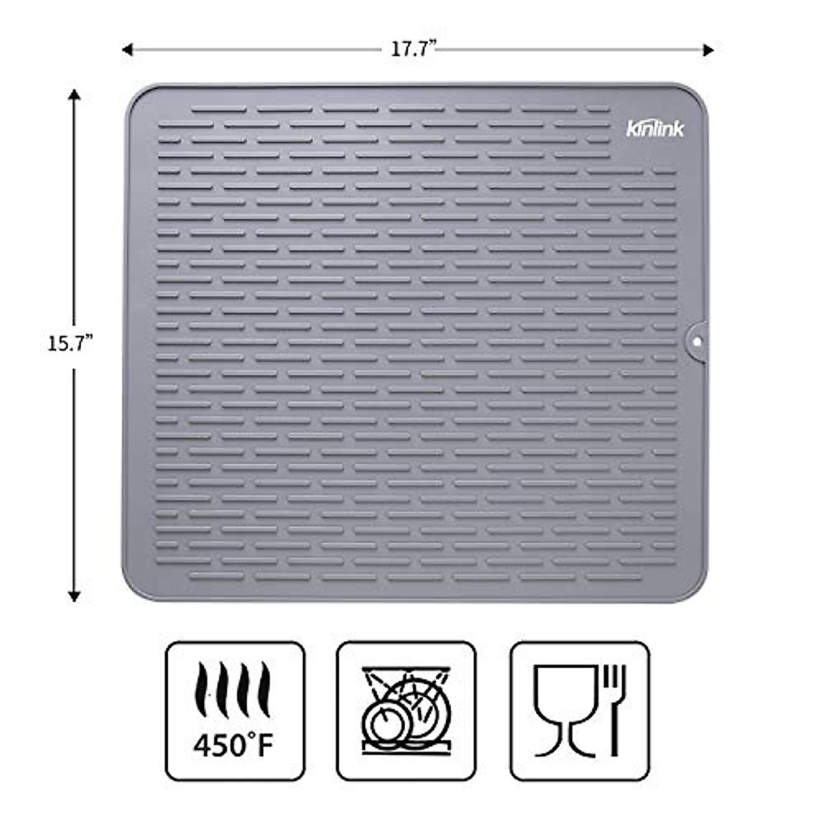 Kinlink Silicone Dish Drying Mats 2 Pack - 18x16 Large Dishwasher Safety Counter Pad for Faster Drying, Kitchen Dish / Dish Draining / Sink Mat, Heat Resistant Trivet, Grey